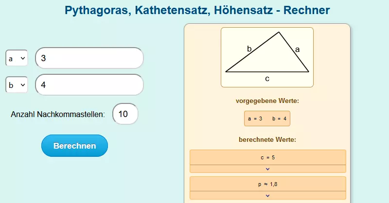 Rechtwinklige Dreiecke, Pythagoras - Rechner